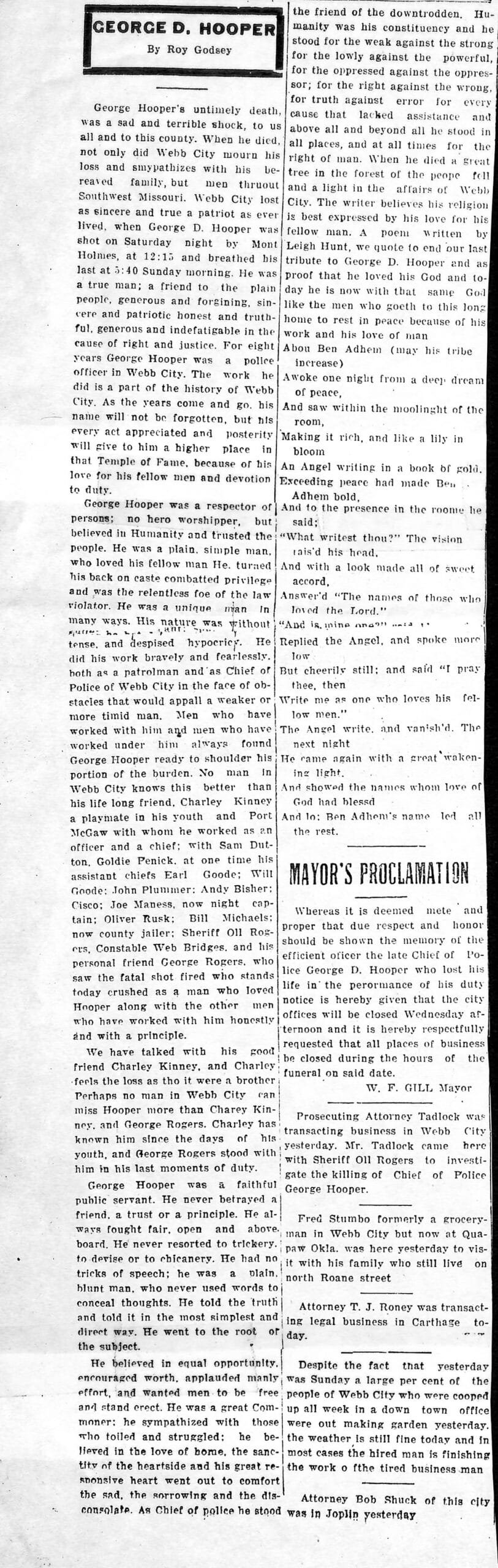 Chief George Hooper’s tragic death was front-page news in 1918 - Webb ...